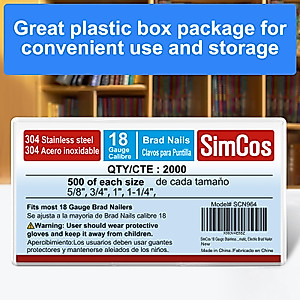 SimCos 18 Gauge 304 Stainless Steel Brad Nails (1-1/4",1",3/4",5/8 inch) 2000 pcs 18 GA Nail Gun Nails Assorted and Small Finishing Nails for Pneumatic, Electric Brad Nailer