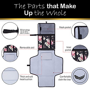 Portable Diaper Changing Pad Thick Cushion Pillow - Foldable Clutch Bag Travel Changing Mat Detachable Wipe Pockets Baby Gift - Black Pink Floral Rose