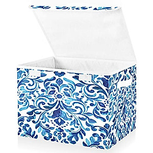 Vnurnrn Collapsible Storage Bins with Lids, Hand Drawn Blue Floral Foldable Storage Boxes, Storage Box Cube with Lid for Clothes,Bedroom,Toys,16.5x12.6x11.8 Inch