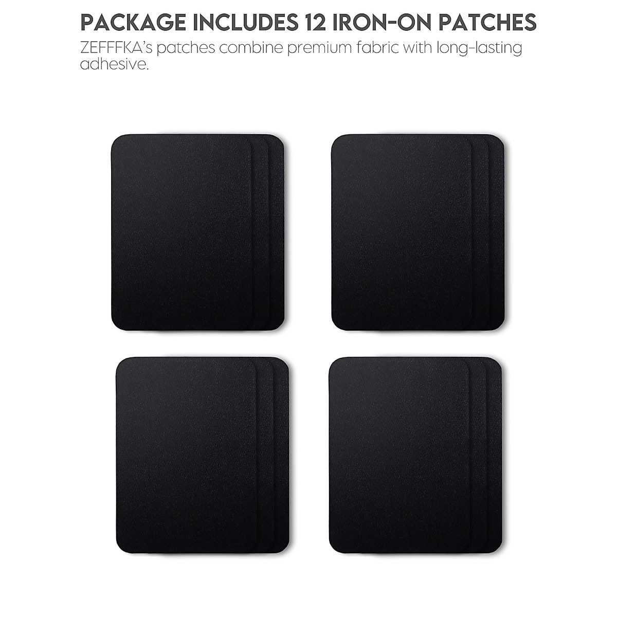 ZEFFFKA Premium Quality Fabric Iron-on Patches Inside & Outside Strongest Glue 100% Cotton Black Repair Decorating Kit 12 Pieces Size 3" by 4-1/4" (7.5 cm x 10.5 cm)