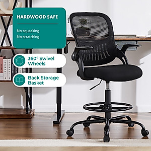 SMUG Drafting Chair, Tall Office Chair Tall Standing Desk Chair Counter Height Adjustable Office Chair with Flip-up Arms, Mid Back Mesh Office Drafting Chairs, Black