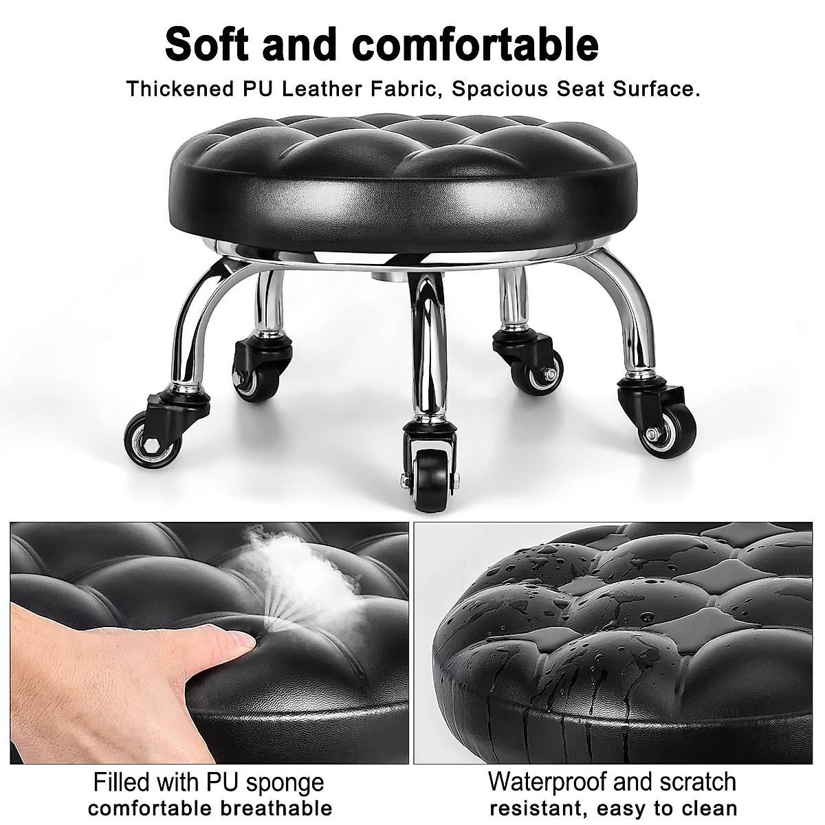 FLOLXNB Low Rolling Stool, Low Stool with Wheels, PU Leather Low Roller Seat Stool Chair, Rolling Seat Stool for Home Office Garage Shop (Style 1)