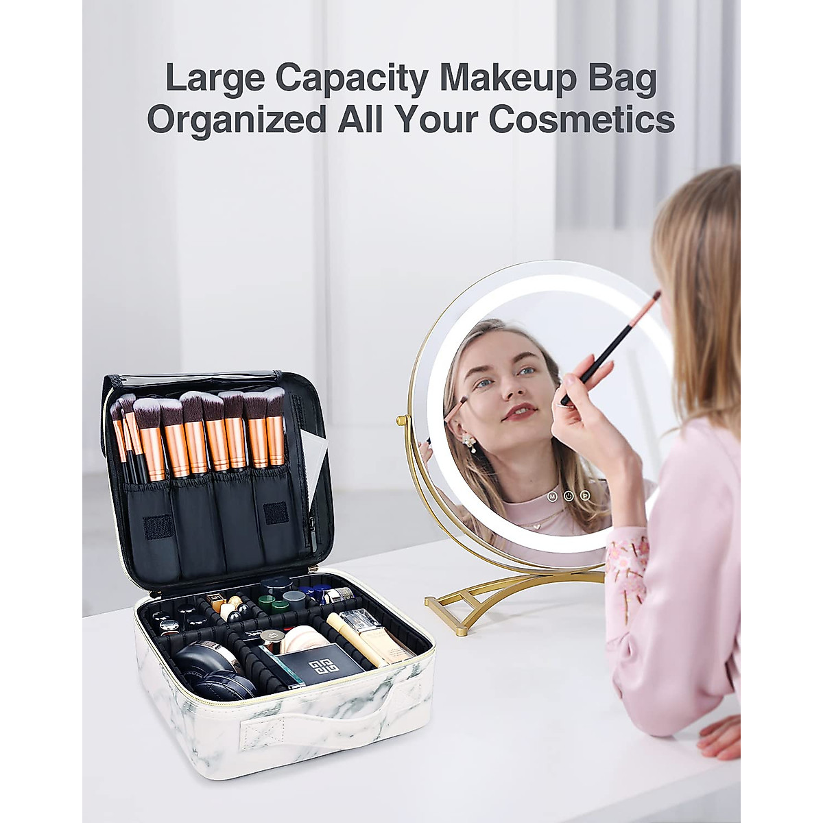 Luxtude Travel Makeup Bag Organizer Large Makeup Train Case Leather Cosmetic Case Organizer Portable Artist Storage Bag with Adjustable Dividers for Women Cosmetics Brushes Toiletry etc. (Marble)