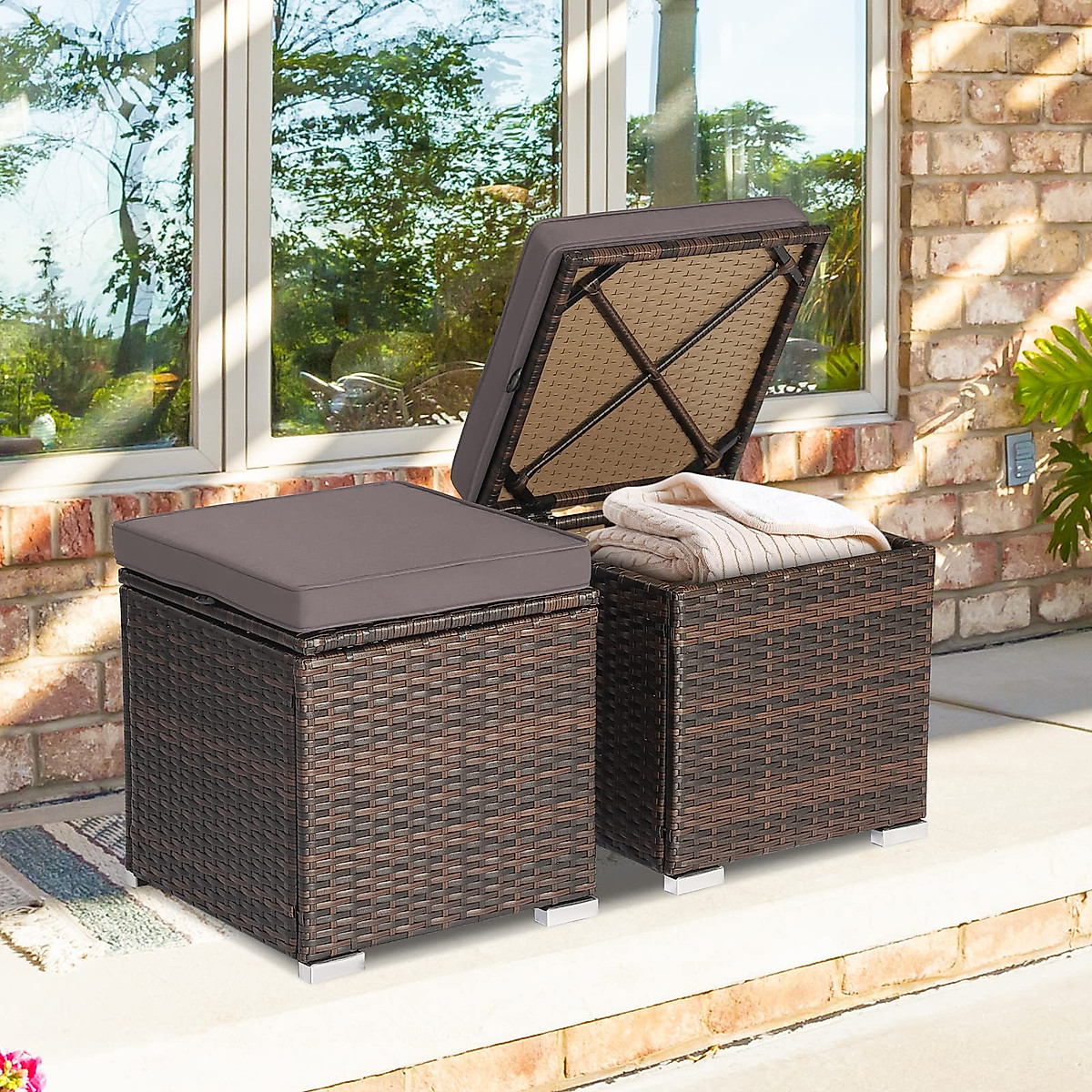 Tangkula 2 Pieces Patio Ottomans, Patiojoy Hand-Woven PE Rattan Side Table with Removable Cushion & Hidden Storage Space, Multifunctional Storage Box, Seat for Patio, Backyard, Poolside (Grey)