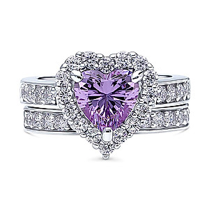 BERRICLE Sterling Silver Halo Wedding Engagement Rings Purple Cubic Zirconia CZ Statement Heart Ring Set for Women, Rhodium Plated Size 8