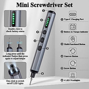 Mulzadl Mini Electric Screwdriver Set - 68 in 1 Power Screwdriver with Magnetic Bits - 64 S2 Universal Bits, 5 Torque Settings, 4 LED Lights - Tool Kit for Repairing Phones Cameras Laptops Watches