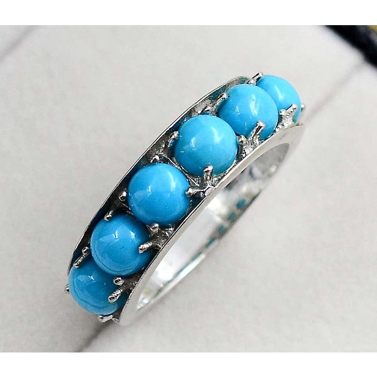 5 MM Round Cabochon Natural Sleeping Beauty Turquoise Gemstone 925 Sterling Silver December Birthstone Cluster Unisex Proposal Ring For Girlfriend Gift (Rhodium Plated Silver, 9.5)