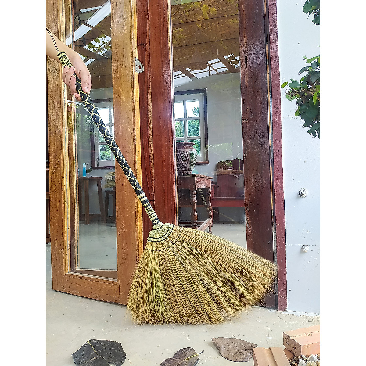 Natural Grass Thai Broom Indoor Outdoor, Vintage Retro Embroidered Woven Nylon,Handmade Broom,Housewarming Gift Witch Broom, Broomstick Bamboo Stick Handle,Kong Grass Broom,Durable Broom(Black)