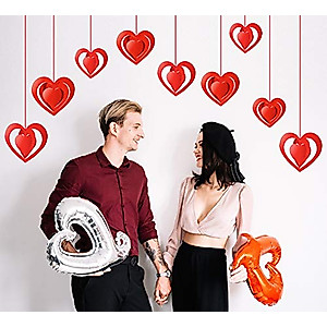 PTFNY 15 Pieces Valentine's Day 3D Heart Hanging Decorations Red Hearts Hanging Ornaments with Red Ribbons Party Supplies for Indoor Outdoor Bridal Shower Anniversary Wedding Party Decorations
