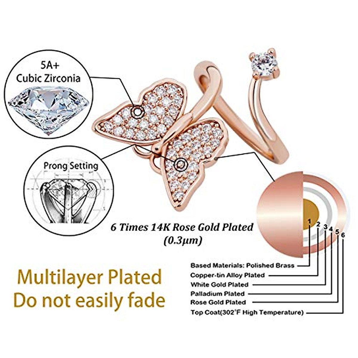 TOPGRILLZ 14K Gold Plated Iced out Butterfly Adjustable Finger Tip Ring for Women Novelty Fashion Jewelry (Rose Gold)