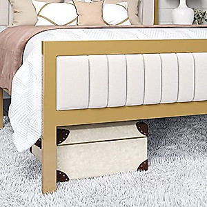 HOMBCK Full Size Bed Frame with Headboard and Footboard, Platform Bed Frame Full with Velvet Tufted Headboard, No Box Spring Needed, Strong Metal Slat Support, Easy Assembly, White & Gold