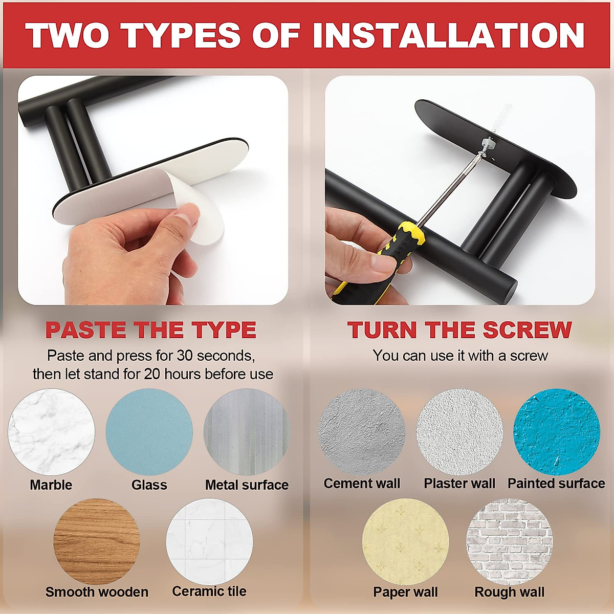 Paper Towel Holder Under Cabinet, Stable Mounted Paper Towel Rack for Kitchen, Firm Two Rod Bearing Paper Towel Rolls Holder, Adhesive or Screw Fixing Surface Bar, Stainless Steel Black