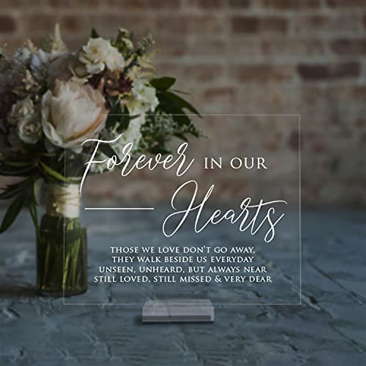 Wedding Memorial Table Sign - 8” x 10” Forever in Our Hearts Clear Acrylic Stand - Perfect Loved Ones Passed Away Gifts for Memorial Decor, Signs for Celebration of Life, In Loving Memory Plaque
