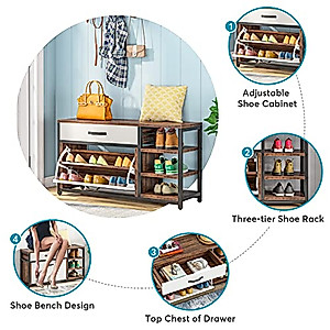Tribesigns Flip Drawer Shoe Storage Bench, Hidden Shoe Cabinet with Drawer and 4 Tiers Shelves, 4 in 1 Tipping Bucket Shoe Storage Rack for Entryway, Hallway, Living Room, Rustic Brown & White