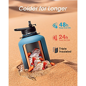 Coolflask 64 oz Water Bottle Insulated with Strap, Half Gallon Water Jug Stainless Steel with Straw & Spout Lids, Metal Large Water Flask, Keep Cold 48h Hot 24h, Leak Proof & Non-BPA, Prussian Blue