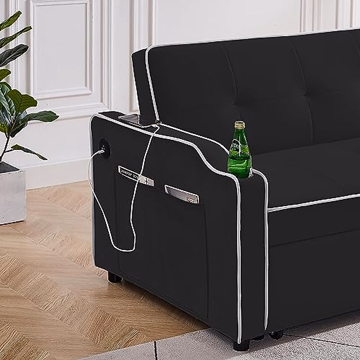 3 in 1 Convertible Pull Out Sleeper Sofa Bed,Multi-Functional Adjustable Loveseat Futon Sofá Chair with USB Ports and Cup Holders,Velvet Upholstered Small Love Seat Lounge Recliner 2-Seat Couch