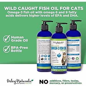 Deley Naturals Wild Caught Fish Oil for Cats - 16oz - Omega 3-6-9, GMO Free - Reduces Shedding, Supports Skin, Coat, Joints, Heart, Brain, Immune System - Highest EPA & DHA Potency – Pure Fish Oil