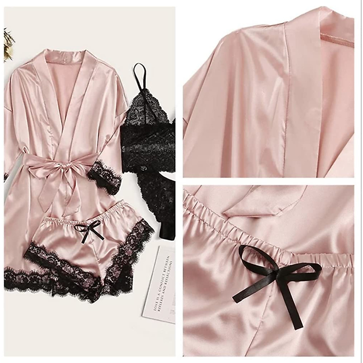 Women's Sleepwear Pajamas 4 Piece Pajama Set Long Sleeve Satin Floral Lace Cami Top Lingerie Pajama Set with Robe (Pink, Medium)