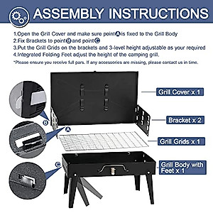 HOMFUL Charcoal Grills Portable Camping Grill Folding BBQ with 8 Pcs Barbecue Accessories with Lid 3-level Height Adjustment for 3 to 5 people for Outdoor Hiking Party Park Beach, Black