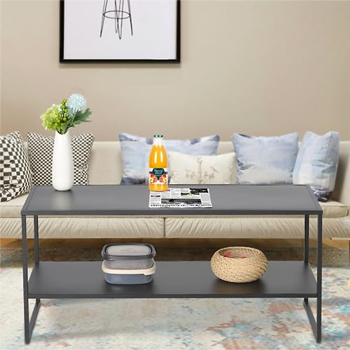 Koreyosh Modern Coffee Table, 2-Tier Industrial Coffee Table with Storage Shelf, Rectangular Table for Living Room,Black