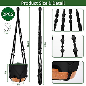 GARDIFE 8 Inch Hanging Planters with Macrame Plant Hanger for Indoor and Outdoor Plants, 2 Pack Large Self Watering Hanging Plant Pot with Basket Flower Pot with Drainage Hole, Black