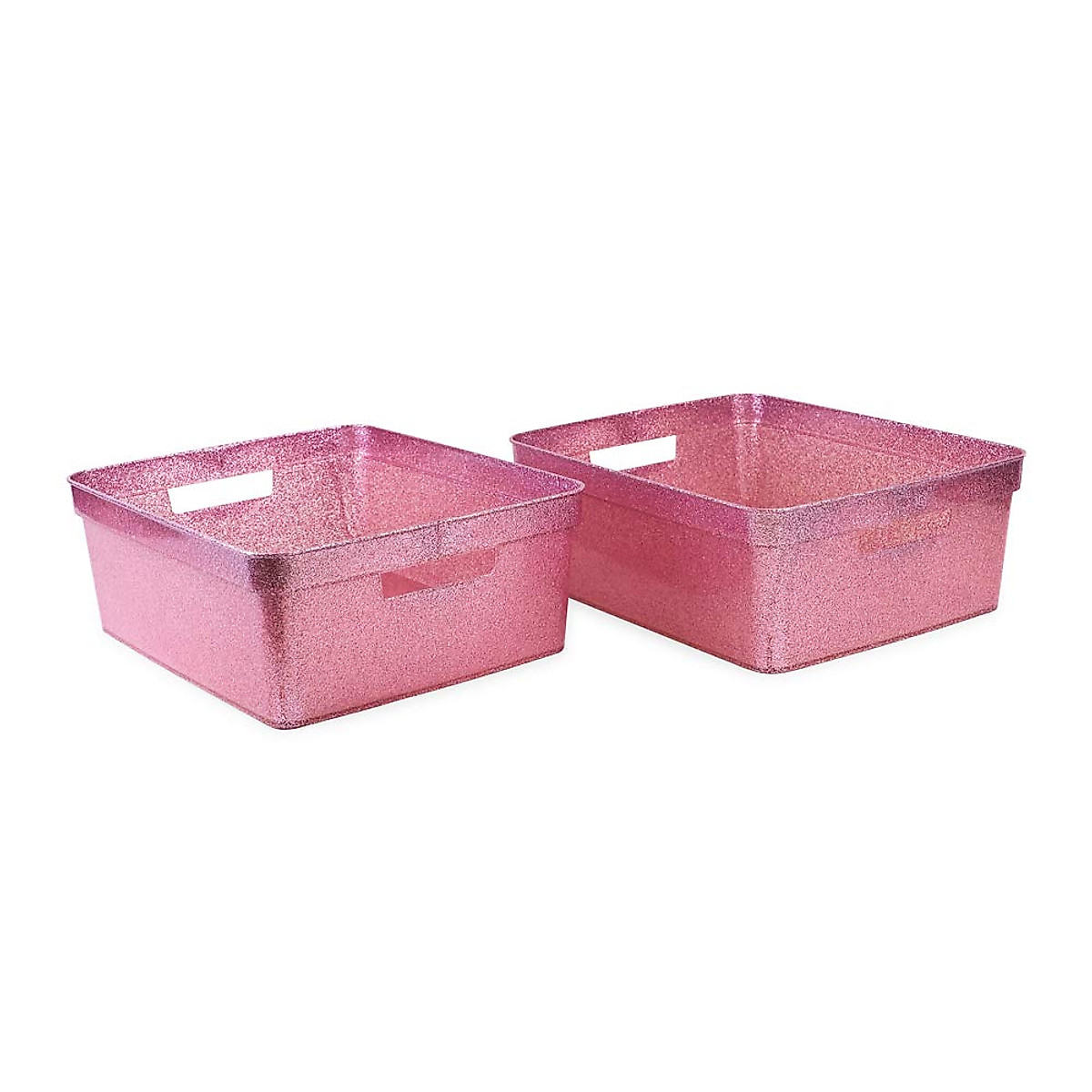 Isaac Jacobs Medium Glitter Storage Bin (14” x 11.5” x 5.5”) Set w/Cut-Out Handles, Plastic Organizer, Multi-Functional, Home Storage Solution, Kids Playroom, Bedroom, Closet (2, Pink)