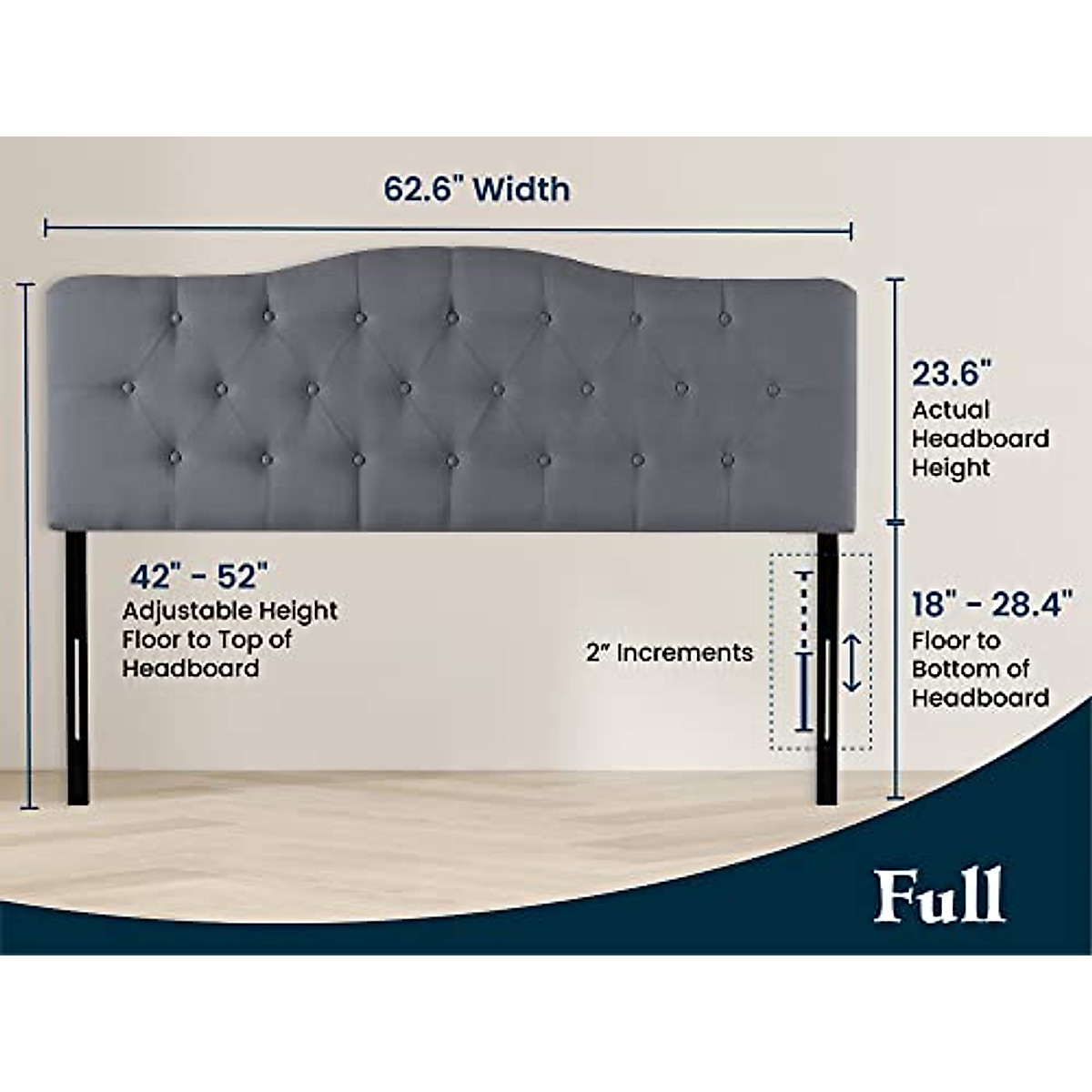 Cassandra Headboards for Full Size Bed, Upholstered Button Tufted Bed Headboard, 12 Adjustable Positions Full Headboard Only, Wall Mounted Headboard, Bed Backboard Linen Fabric Head Board, Light Gray