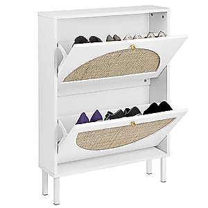 Goderfuu Rattan Shoe Cabinet with 2 Flip Drawers, Shoe Rack for Entryway Shoe Storage Cabinet, 2 Tier Small Shoe Cabinet Slim Shoe Storage Cabinet, White Shoe Cabinet for Heels, Boots, Slippers