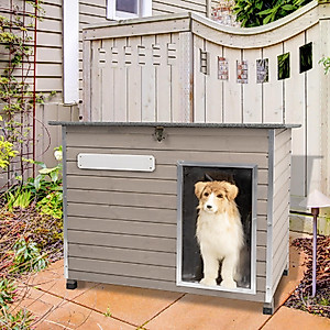 Gowoodhut Dog House Outdoor & Indoor Wooden Dog Kennel for Medium to Large Dogs,43.6" L Natural Fir Wood Dog Houses with Weatherproof Roof,Removable Floors,Raised Feet