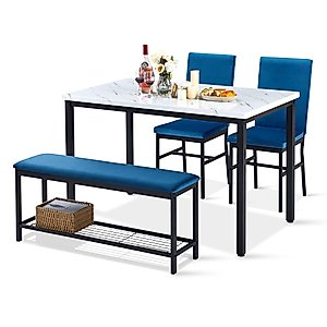 YOFE Dining Table Set for 4,Faux Marble Kitchen Table,Velvet Chairs and Bench with Storage Net,Kitchen Table Chairs Set for Dining Room,Small Apartment (Blue 1+3)