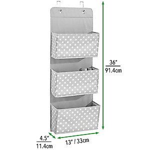 mDesign Fabric Baby Nursery Hanging Organizers for Over The Door Storage for Kids - 3 Pocket Organizer Caddy with Hooks for Clothing, School, Diaper, Toy, and Outfit Storage - Polka Dot, Gray/White