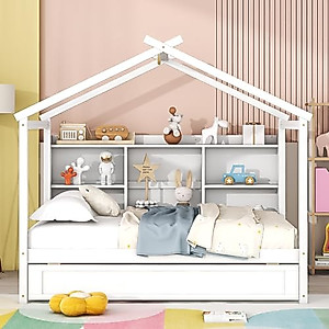 DEYOBED Full Size House Bed with Storage Shelves and Twin Size Trundle, Wooden Full Playhouse Bed, Canopy Bed, House Shape Bed Frame for Kids Boys Girls, No Box Spring Needed, Brushed White