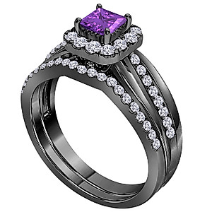 DS Jewels 2.00 CT Princess Cut Created Purple Amethyst 14k Black Gold Rhodium Plated Alloy Split Shank Halo Style Wedding Band Engagement Bridal Ring Set Size 4-12