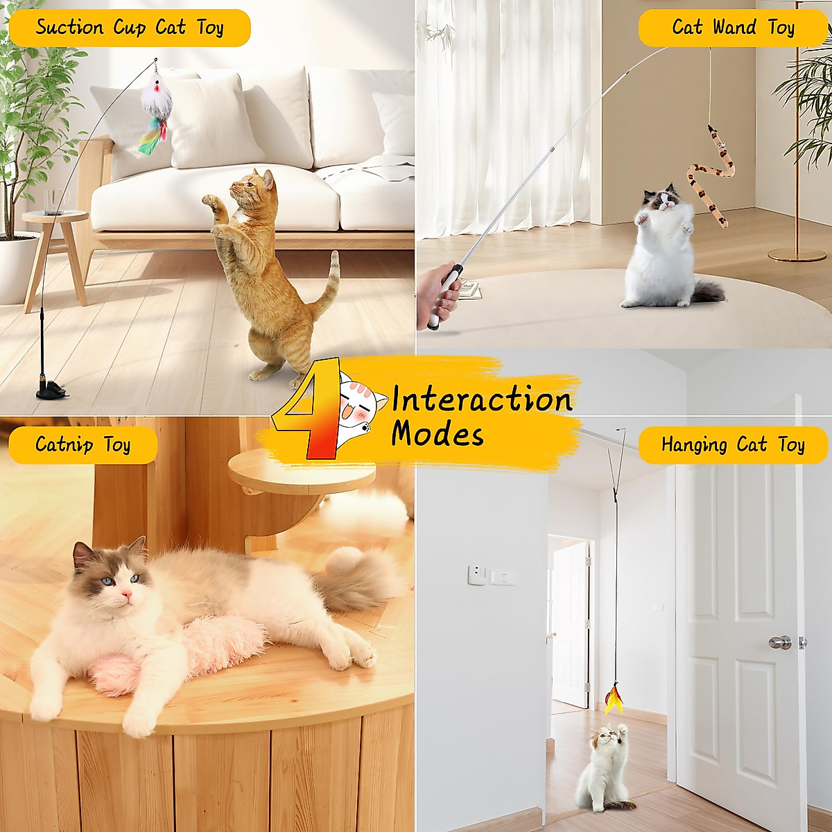 Janbenty 4-in-1 Interactive Cat Feather Toys Durable Retractable Fishing Pole Cat Toy Enhanced Suction Cup Cat Catnip Toy 14 Wand Replacement Door Hanging Cat String Toy for Bored Indoor Kitten