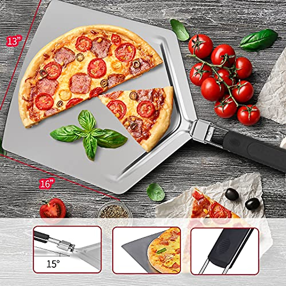 DIMBRAH Pizza Peel 16 inch,Pizza Paddle Stainless Steel-Pizza Spatula Paddle Super Peel for Pizza Accessories,Metal Pizza Peel with Folding Handle