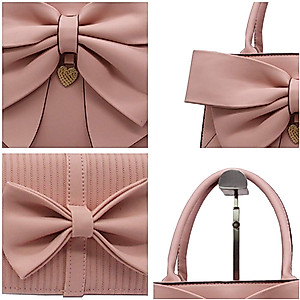 Women Handbag 2 Pcs Set Big Bow-Knot PU Leather Top Handle Bag Designer Tote Bag Clutch Wallet Set for Ladies, Pink