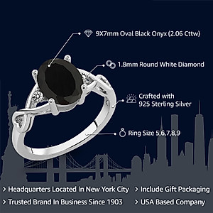 Gem Stone King 925 Sterling Silver Black Onyx and White Diamond 3-Stone Ring For Women (2.06 Cttw, Center: 9X7MM Oval, Gemstone Birthstone, Available In Size 5, 6, 7, 8, 9)