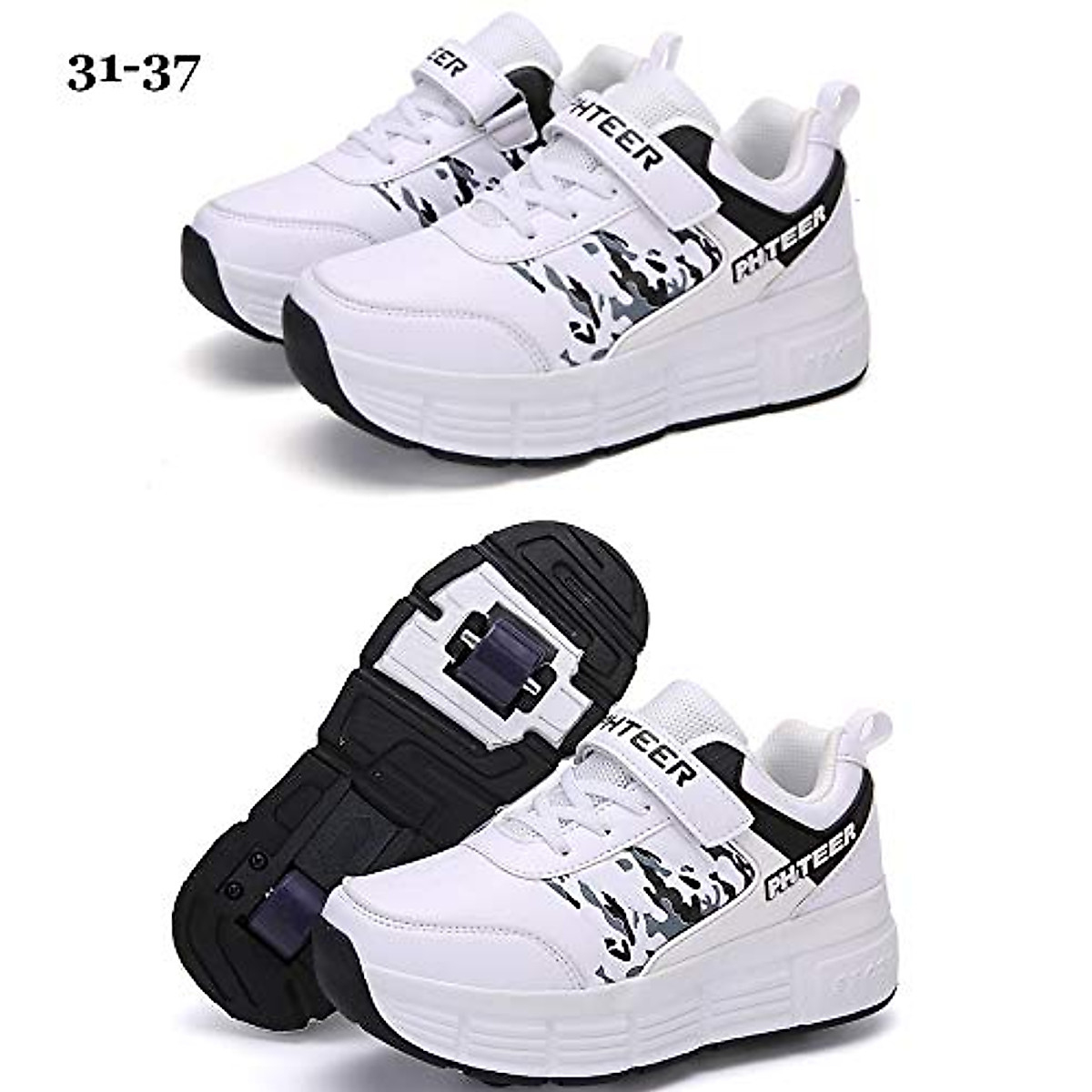 UGUHU Shoe with Wheels Retractable Skateboarding Outdoor Roller Skate Shoes Wheels Shoes Cross Trainers Sneakers for Boys Girls,WhiteDoubleWheel-32