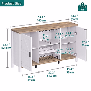 YITAHOME Farmhouse Coffee Bar Cabinet, Barn Doors Liquor Cabinet with Storage, 55'' Sideboard Buffet Kitchen Storage Cabinet with Wine Racks and Glass Holders for Kitchen, Dining Room, Antique White
