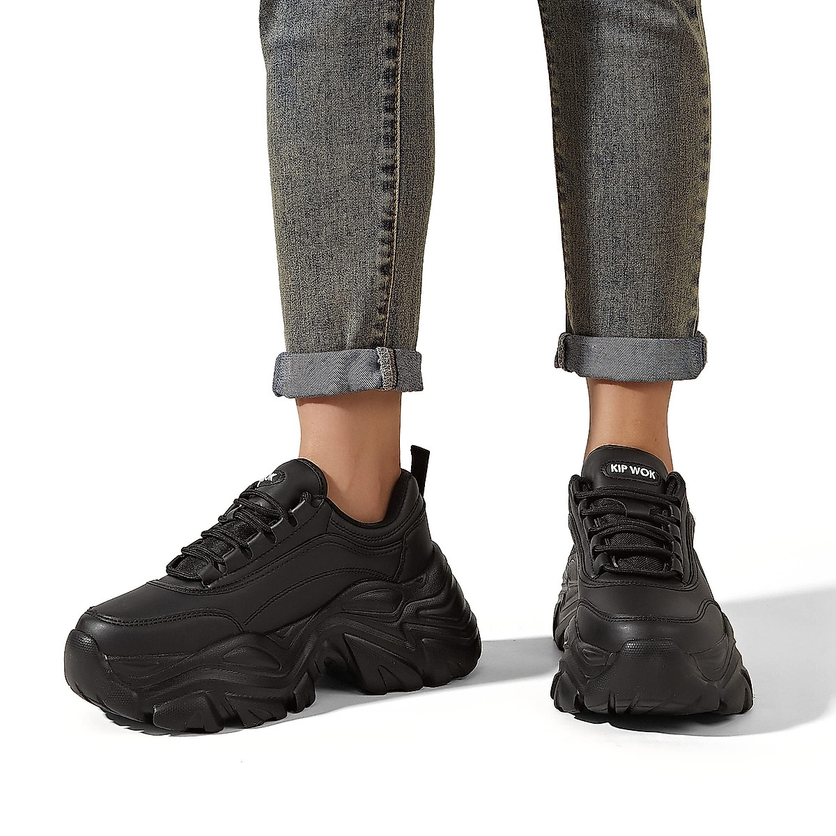 K KIP WOK Chunky Sneakers for Women Fashion Platform White Leather Casual Dad Shoes Comfortable Wedge Walking Sport Sneakers(Black,11B(M) US