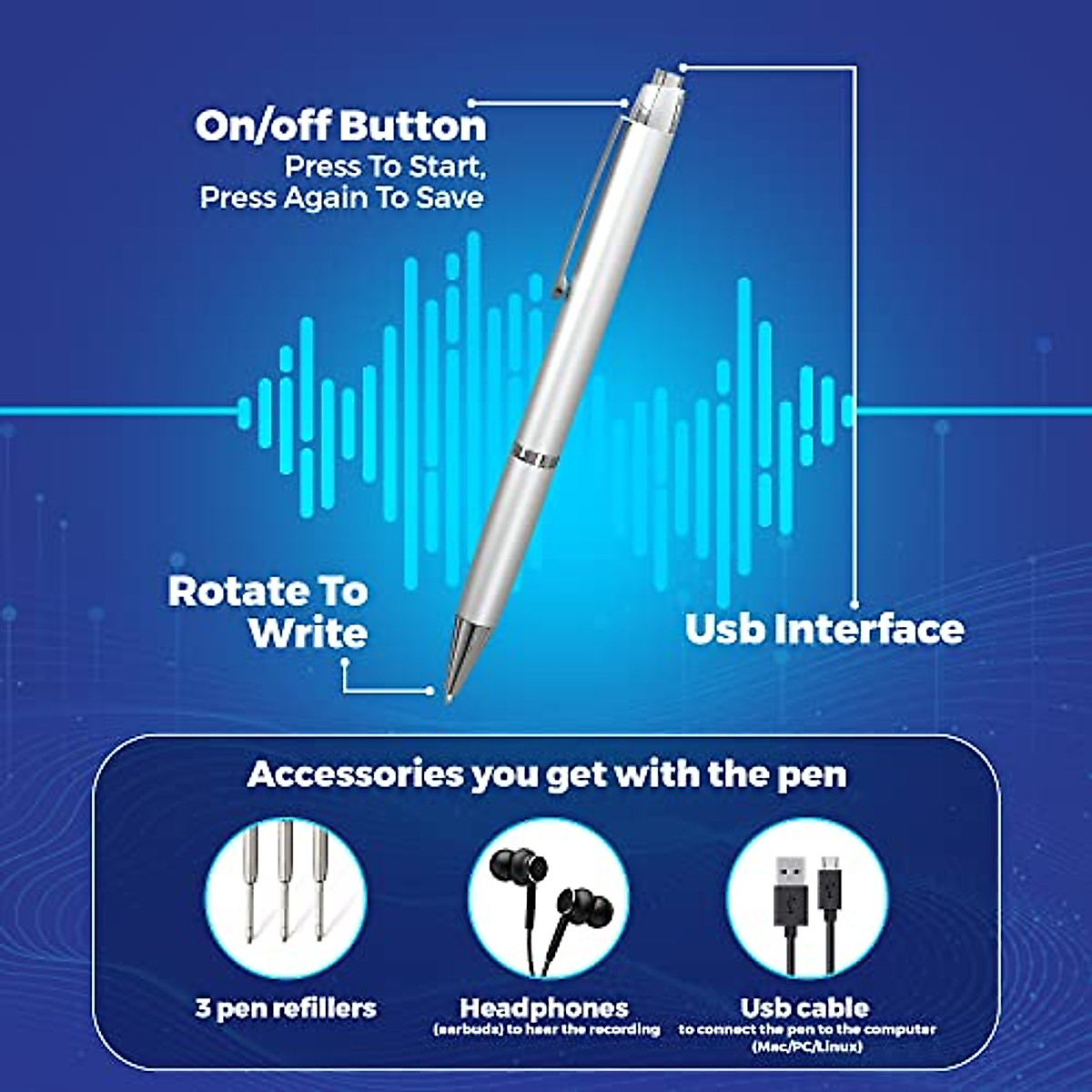 Audio Recording Voice Recording Device - Audio Recordings - 1 Click Operation - Portable USB Playback - 16GB Storage - 400 Hours of Audio - Voice Recorder for Lectures and Meetings