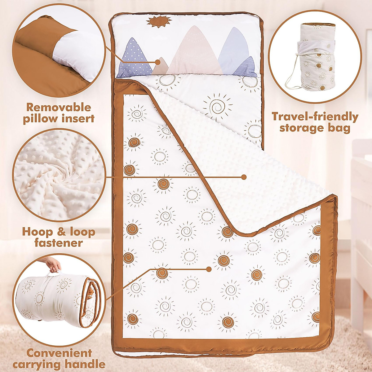 Toddler Nap Mat with Removable Pillow & Minky Blanket, Soft Wool Nap Mat, Rollup Design Kids Sleeping Bag for Daycare Preschool Travel Camping, Large Toddler Sleeping Bag for Boys & Girls, Brown