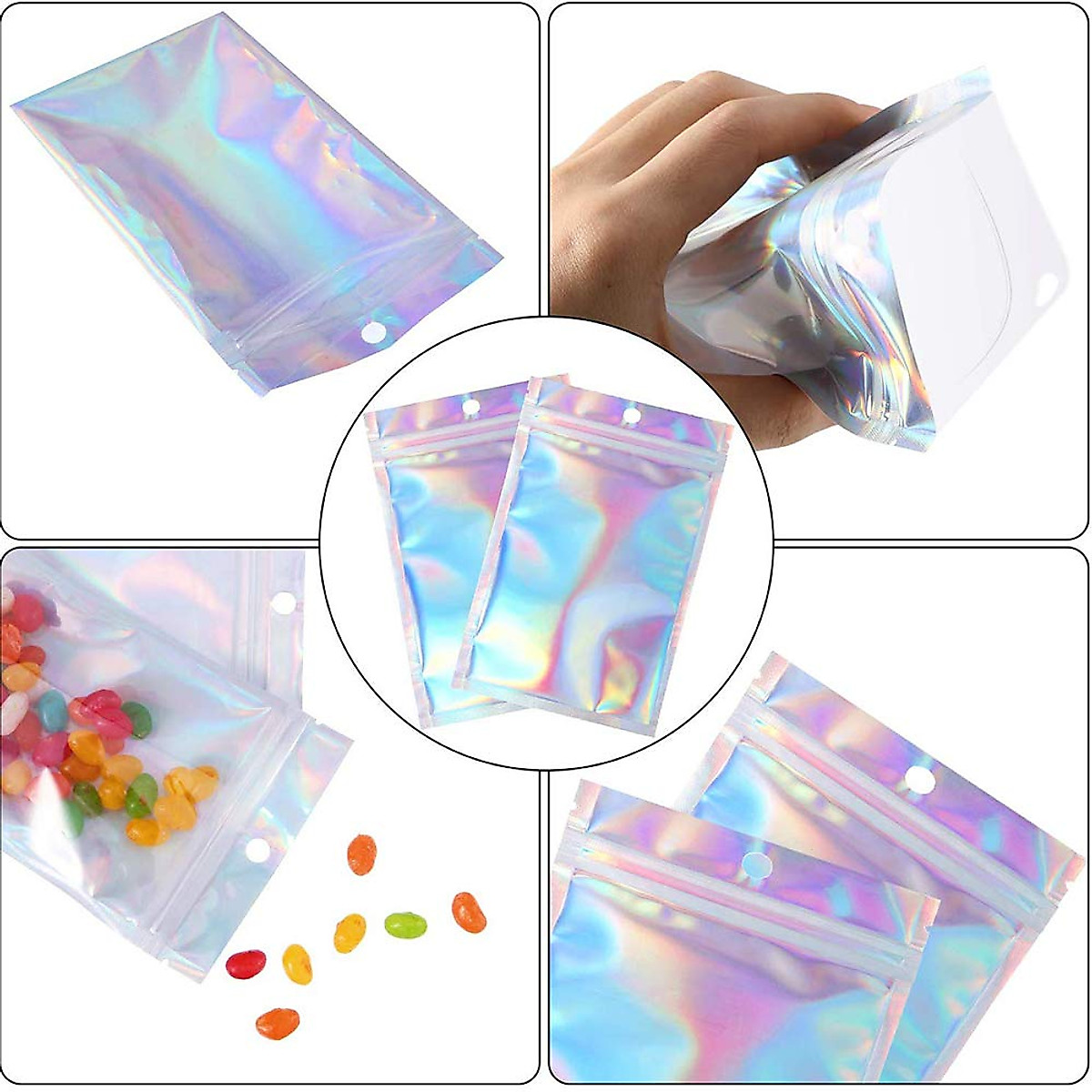 ISKYBOB 100 Pieces Resealable Mylar Zip Lock Bags Rainbow Flat Foil Pouches Smell Proof Food Storage Gift Package Supplies, M
