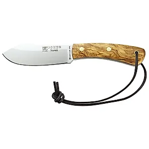 Joker Nessmuk knife, with olive wood handle of 4.5 in, blade of 4.1 in. includes leather sheath in dark brown color. Knife By J.Sabater.