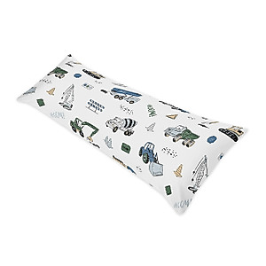 Sweet Jojo Designs Construction Truck Body Pillow Case Cover (Pillow Not Included) - Grey Yellow Black Blue and Green Transportation