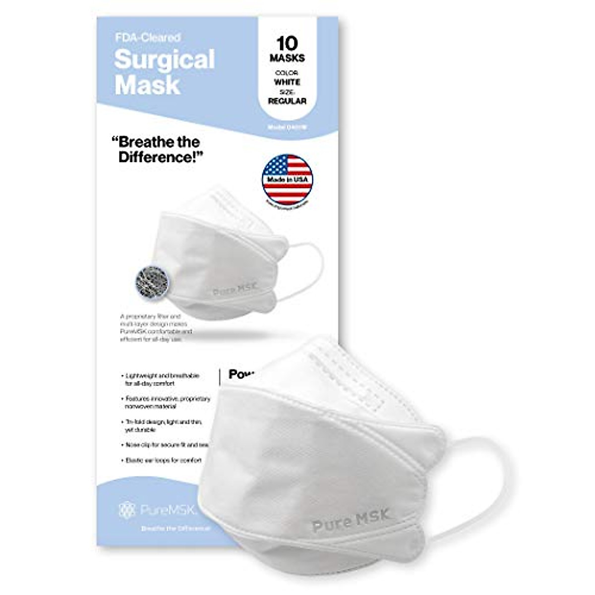 PureMSK - Made in the USA - Disposable Face Mask - Masks for Protection - White Adult Size - (10 PACK)