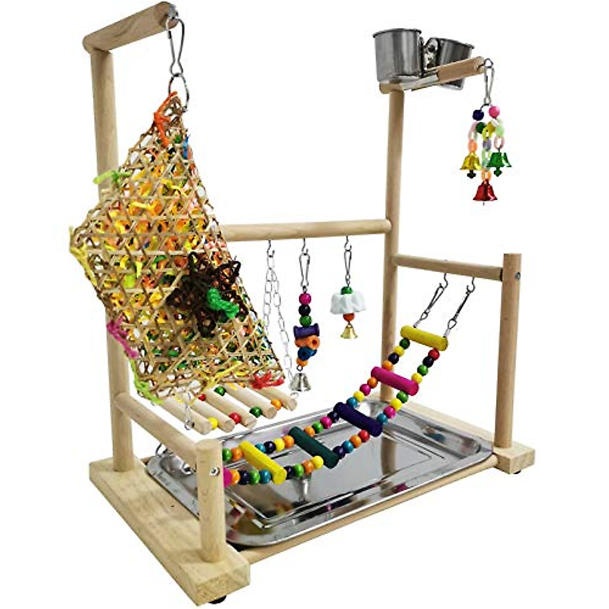 kathson Parrot Playstand Bird Playground Conures Play Stand Wood Perch Gym Playpen Ladder Parakeets Cage Accessories Exercise Toys with Swings Feeder Cups for Cockatoos Lovebirds
