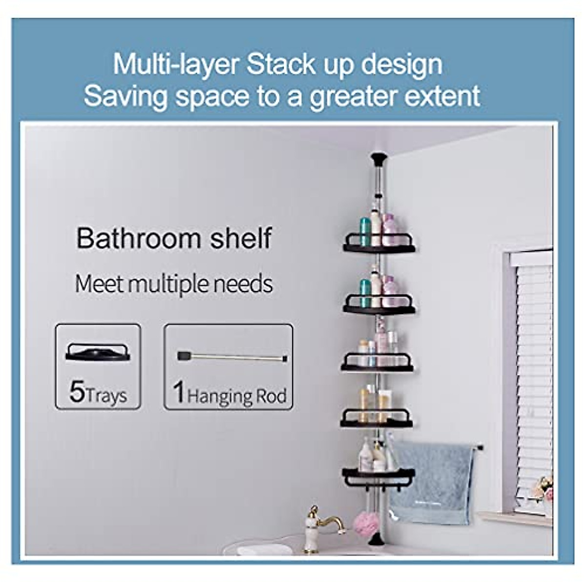 BAOYOUNI 5-Tier Shower Corner Caddy Tension Pole Adjustable Bathroom Shelf Floor to Ceiling Storage Rack Organizer Holder with Towel Bar - No Drilling - Black