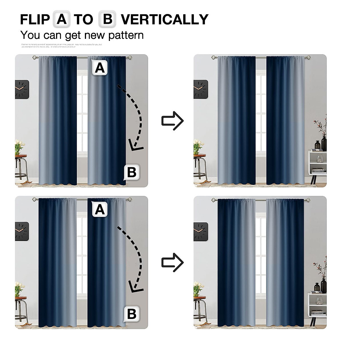 Yakamok Light Blocking Ombre Curtains, Room Darkening Thermal Insulated Gradient Color Curtains, Rod Pocket Window Drapes for Living Room/Bedroom (Blue and Greyish White, 2 Panels, 52W x 84L Inch)