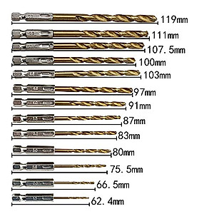 Hex-Shank Drill Bit Set, HSS Titanium Coated Twist Drill Bits Set Hex Shank High Speed Steel Drill Bit for Metal Wood Plastic Aluminum Thin Iron, Quick Change Regular Drilling Tools 13Pcs